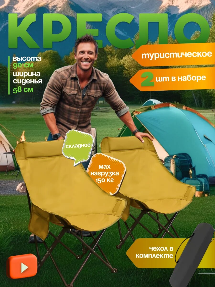 Стулья туристические, комплект 2 шт, раскладной, металлический каркас, желтый