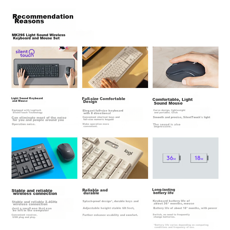 Logitech MK295 Enterprise Quiet Keyboard And Mouse Combo, Wireless Keyboard And Mouse Set, Office Keyboard And Mouse Set, Full-Size, with 2.4G Wireless Receiver, White