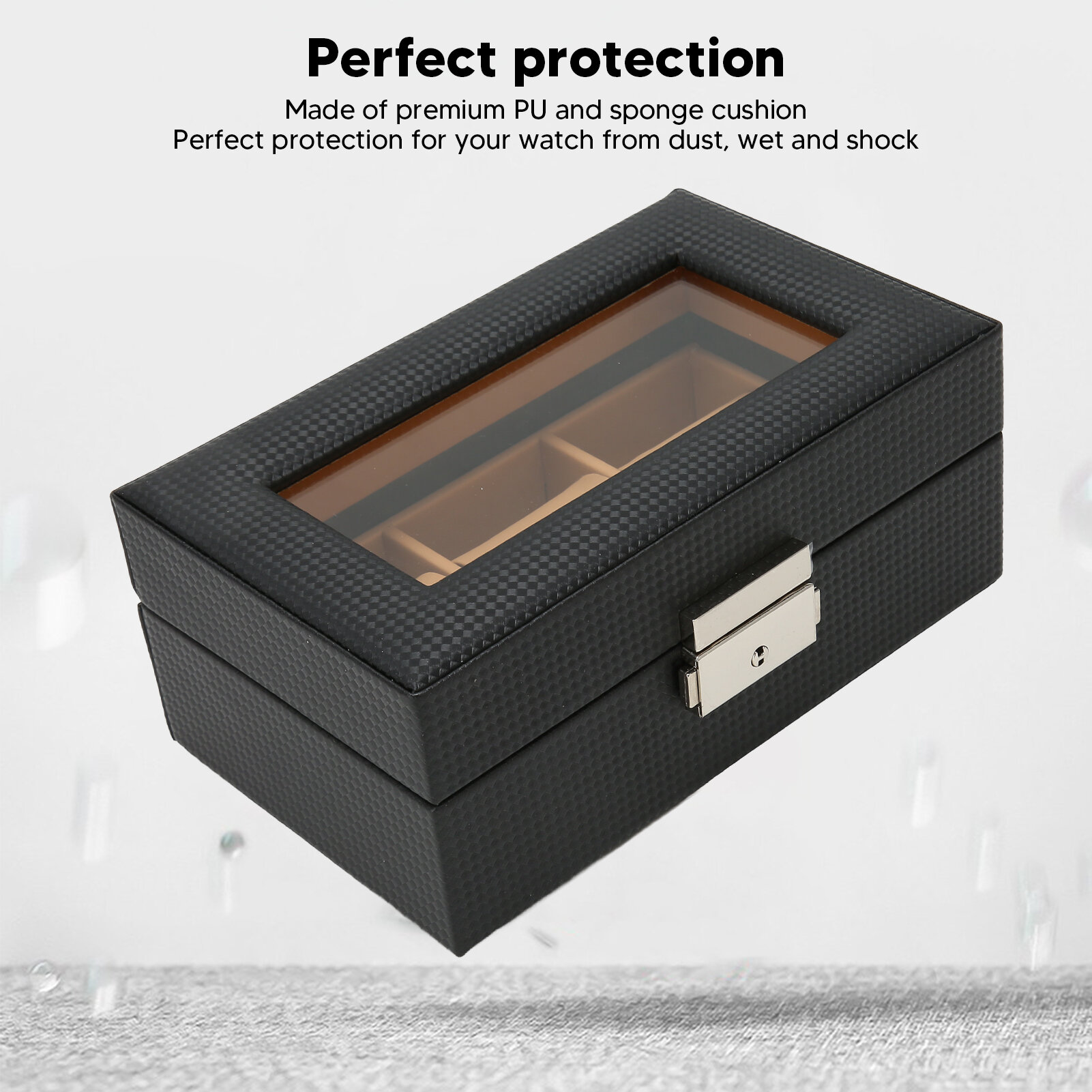 Держатель дисплея для часов Стильный легкий роскошный 3-слотовый запираемый пылезащитный корпус для часов со стеклянной пластиной черного цвета