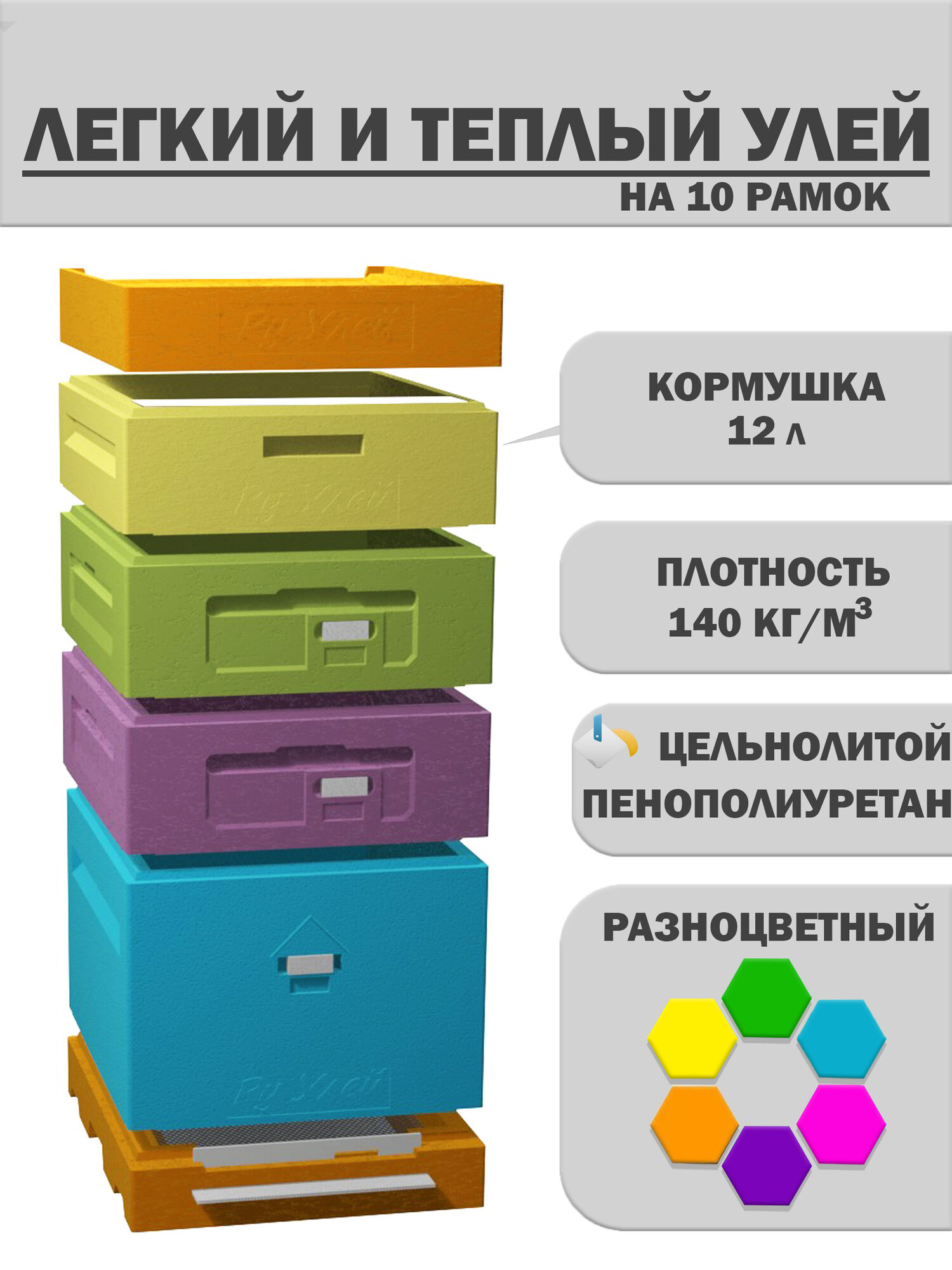 Улей для пчел ППУ (10 рам), комплект 1 Дадан +2 магазина + кормушка