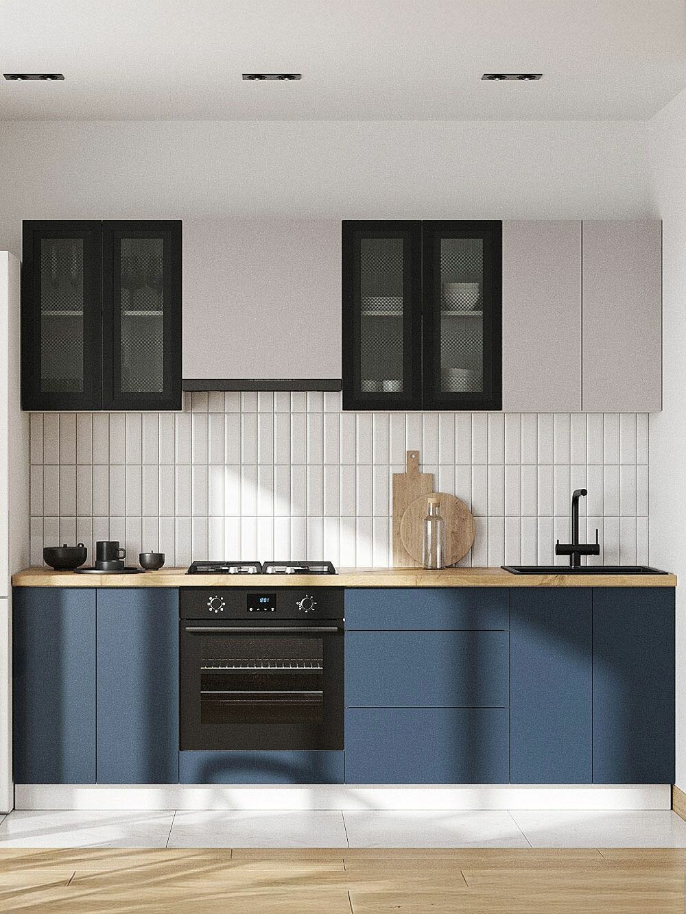 Кухонный гарнитур Тандем 2.4 м, мебель для дома и кухни, Белый / Черный матовый / Океания