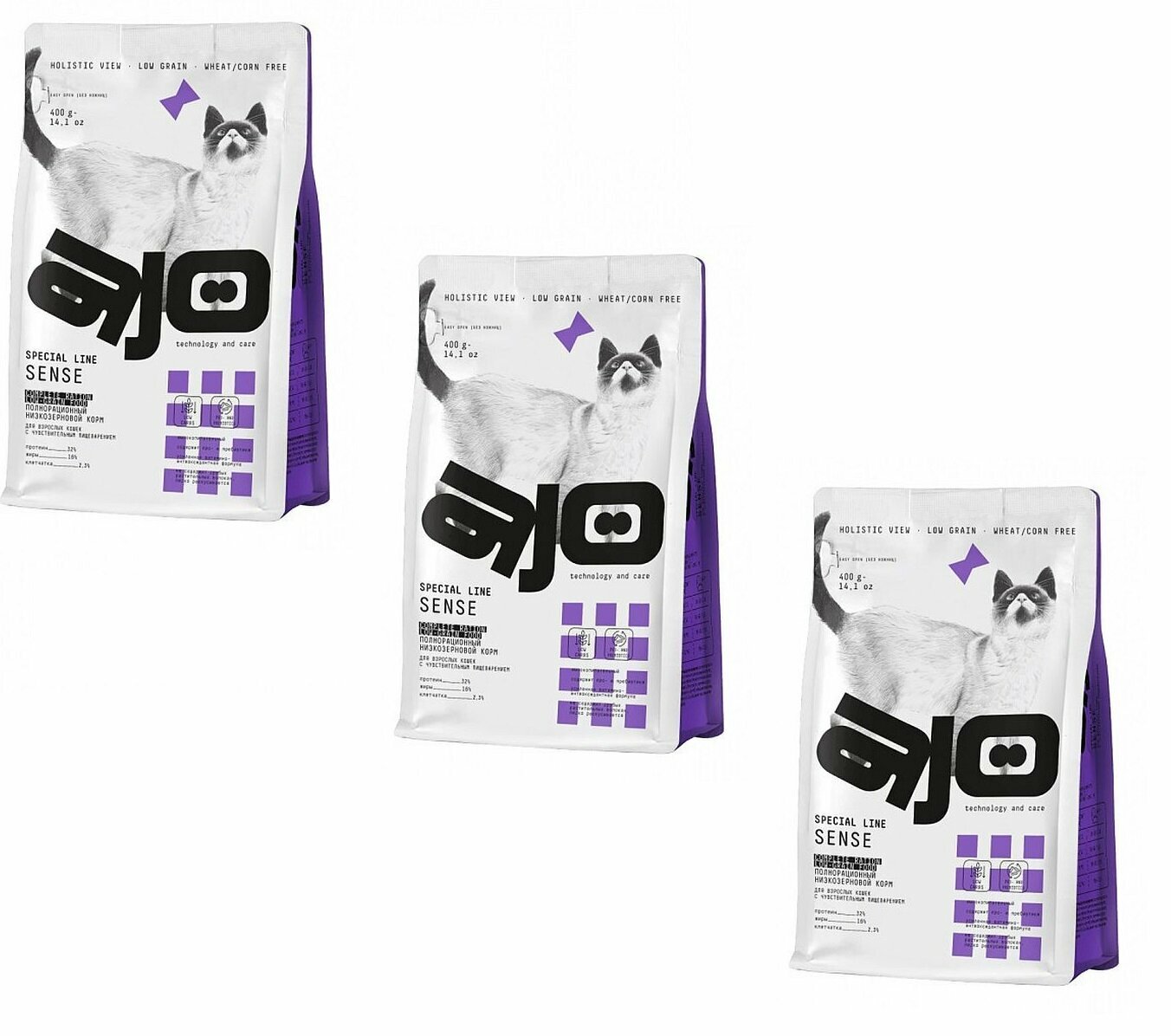 Сухой полнорационный корм AJO Cat Sense для кошек с чувствительным пищеварением с олениной , 400г 3шт