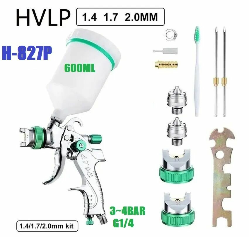 Пистолет для покраски с высоким распылением и широким распылением, оснащенный соплами 1.4, 1.7, 2.0 для автомобилей, металлоконструкций и мебели