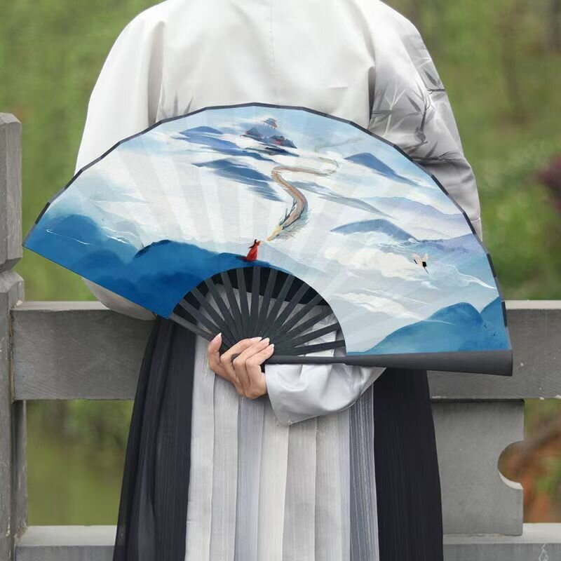Складной веер с изображением китайского дракона, шелковая ткань, двусторонняя печать, большой размер