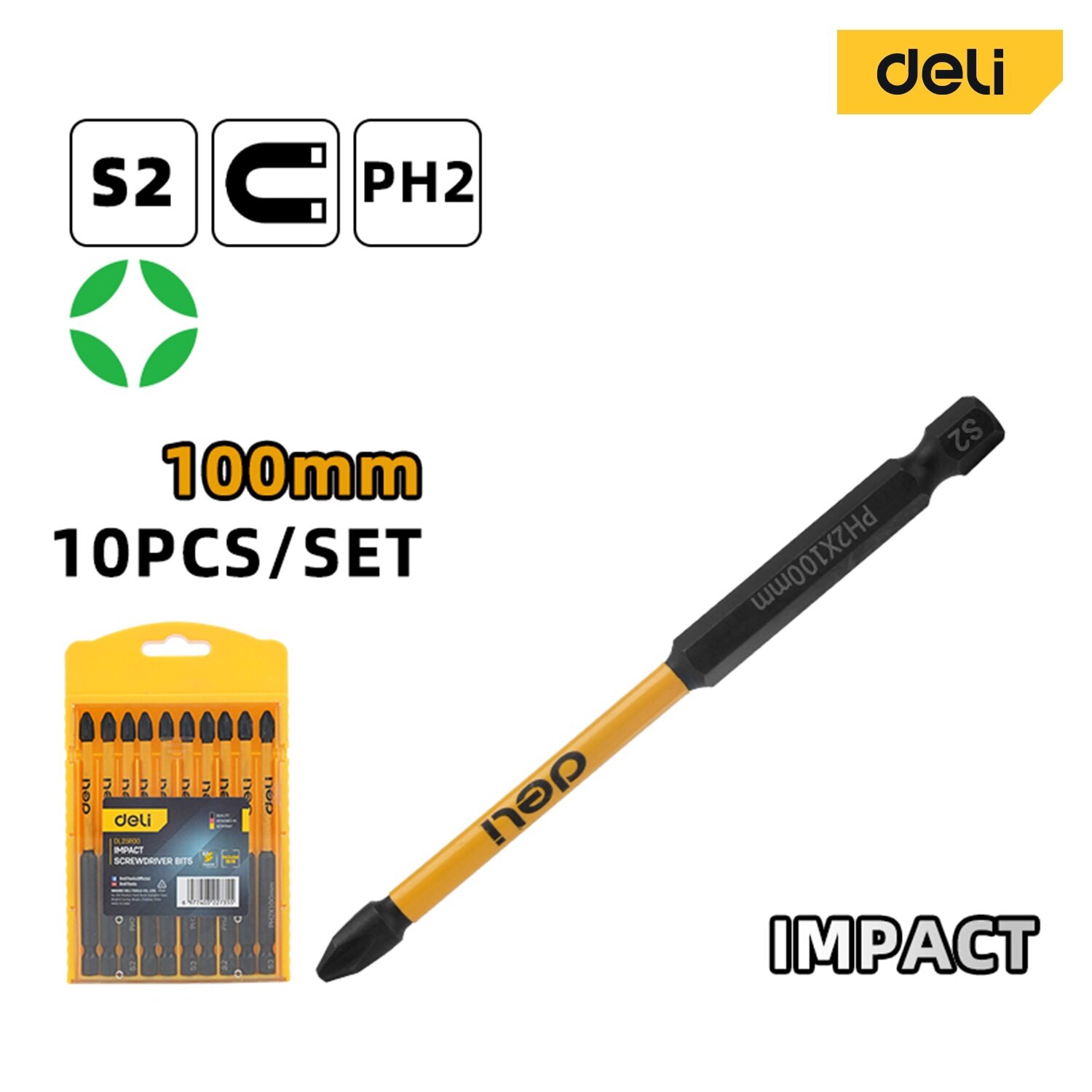 Набор торсионных бит PH2х100мм для ударных шуруповертов 10шт Deli DL251100 сталь S2, пласт. кейс
