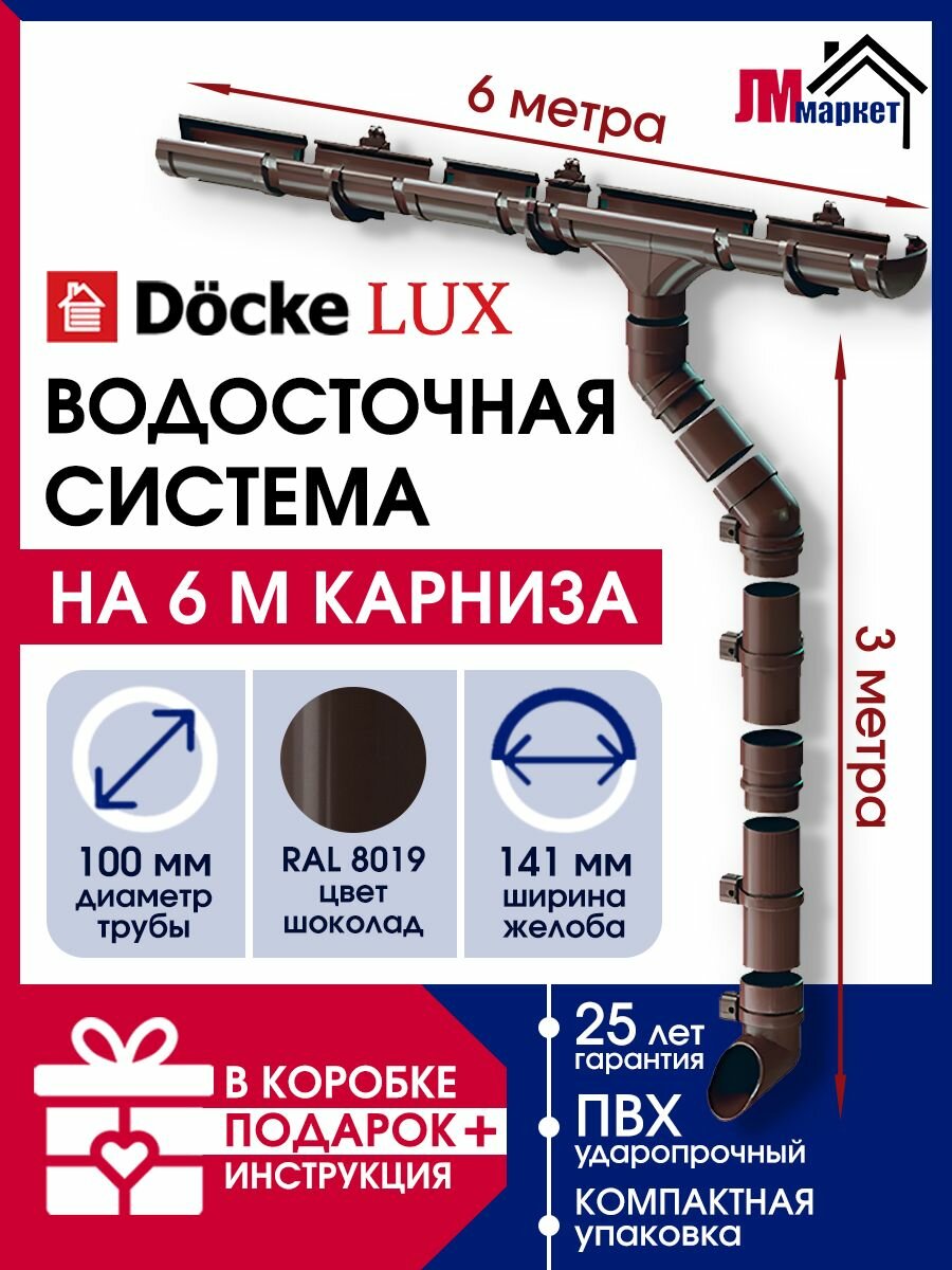 Водосток для крыши дома Docke LUX, 6м/3м, RAL 8019, цвет шоколадный