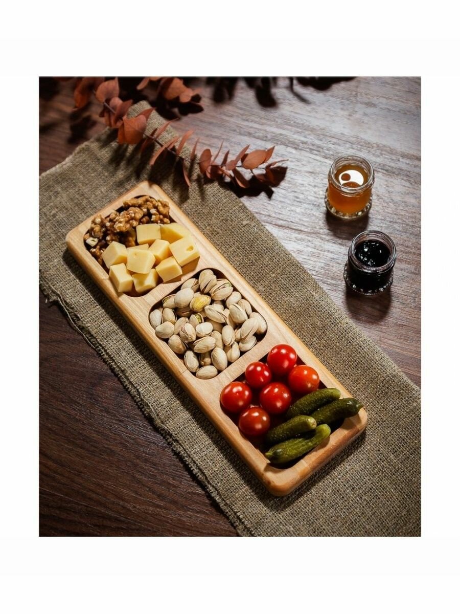 Менажница, деревянная, 3 секции, прямоугольная, коричневая, 30x10x1,8 см