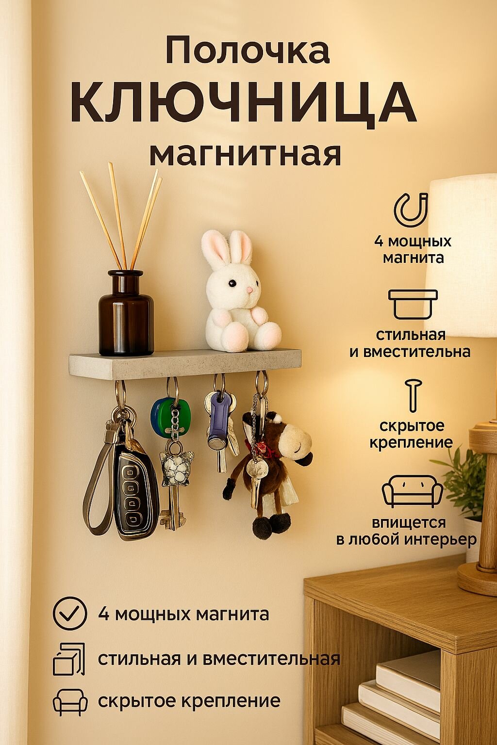 Ключница настенная в прихожую и коридор магнитная полка, сонома