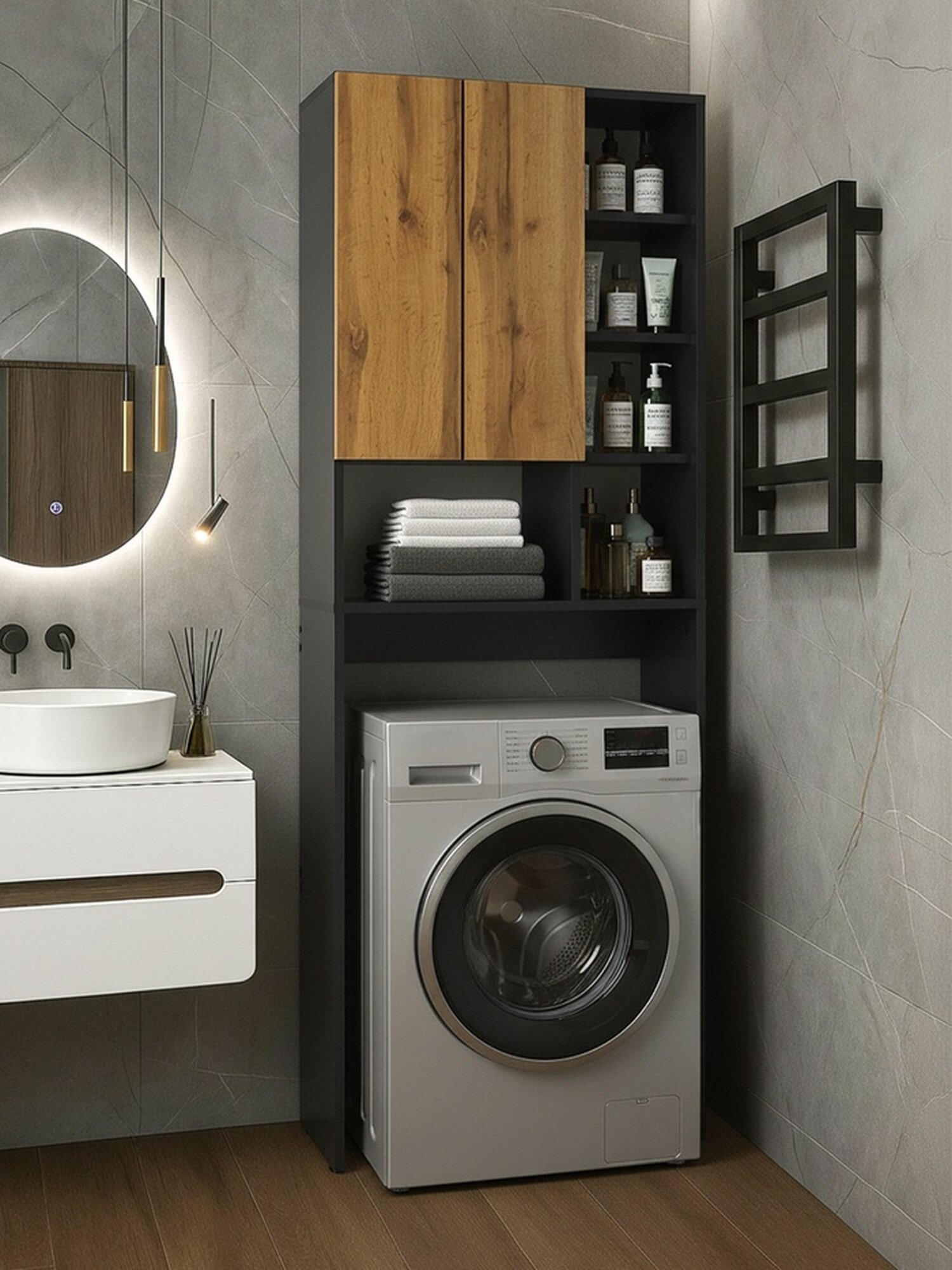 Стеллаж напольный над стиральной машиной Комфорт№2, 640х250х1700, Графит/Дуб золотой 10917756