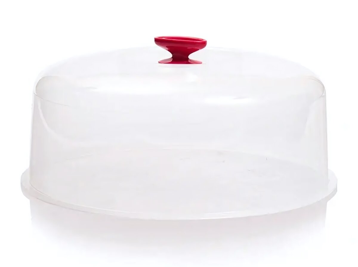 Крышка для СВЧ 24см, прозрачный пластик с красной ручкой, защита и равномерный разогрев