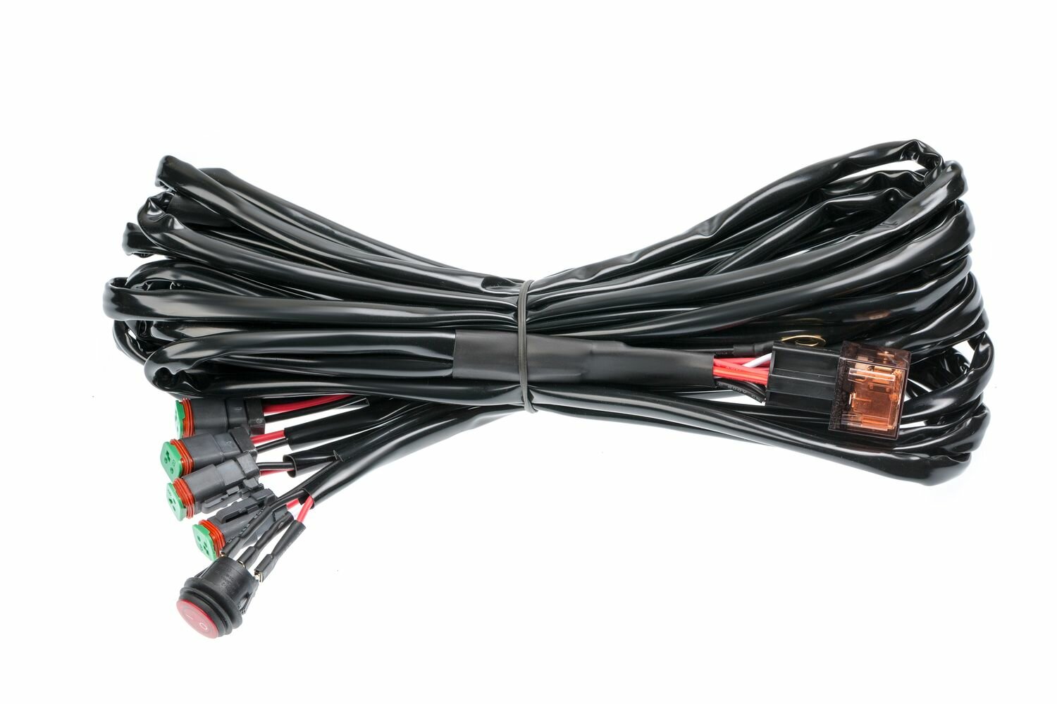 Проводка для Четырех фар мощностью до 120W, 12V, Врезная кнопка круглая с реле и предохранителем.