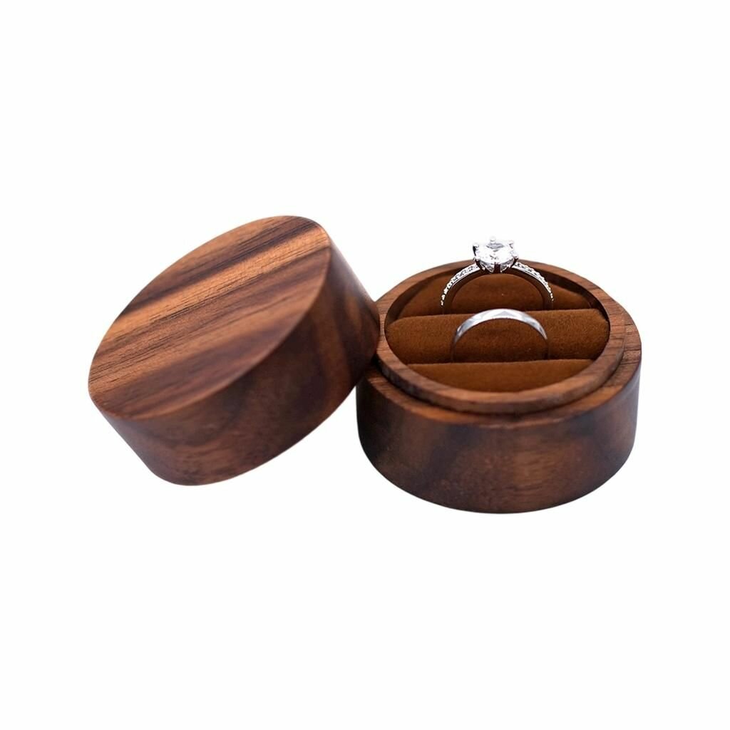 Круглая коробочка для колец из черного ореха-двойная коричневая-без надписи