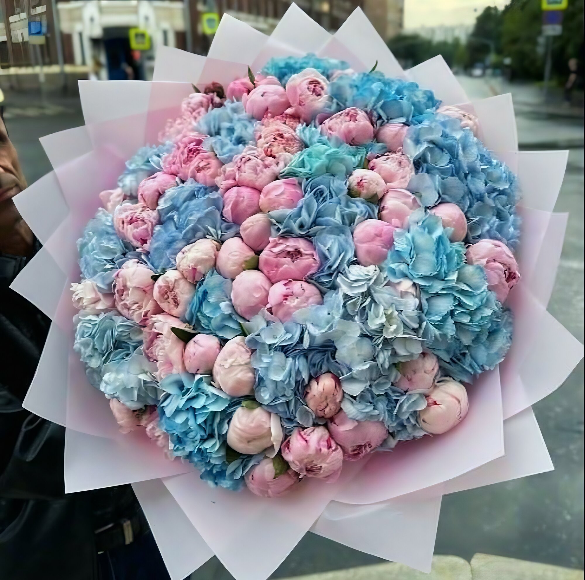 Огромный букет из голубых гортензий, розовых пионовидных роз, красивый букет цветов, шикарный, премиум цветы