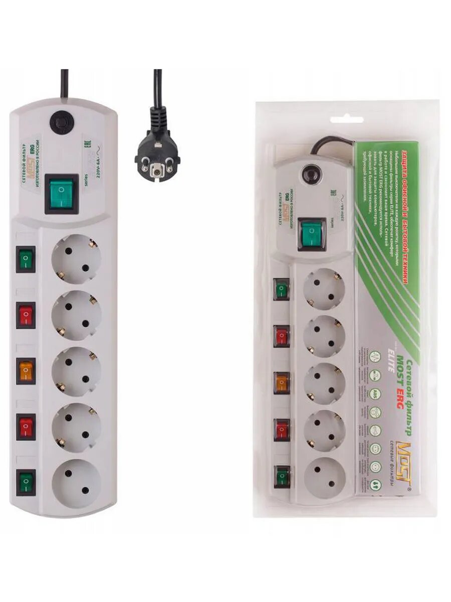 Сетевой фильтр ERG 2м (5 розеток) белый (коробка)