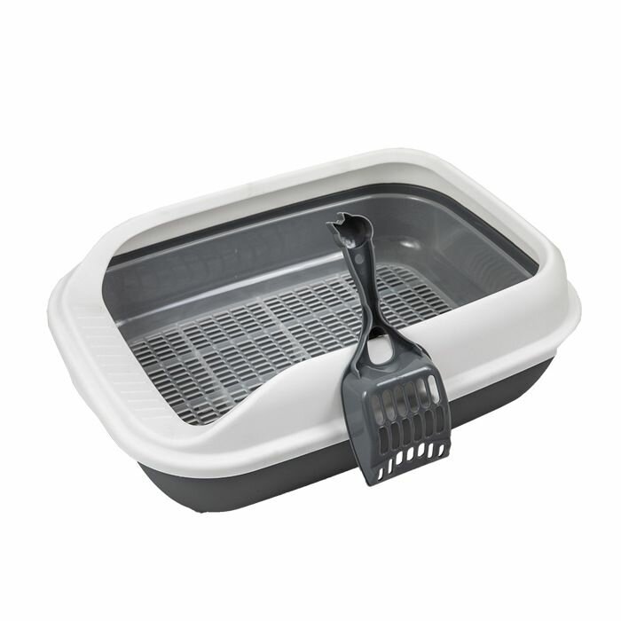 Лоток для кошек "Альбус", пепельный, с бортиком, с решеткой, большой, пластик