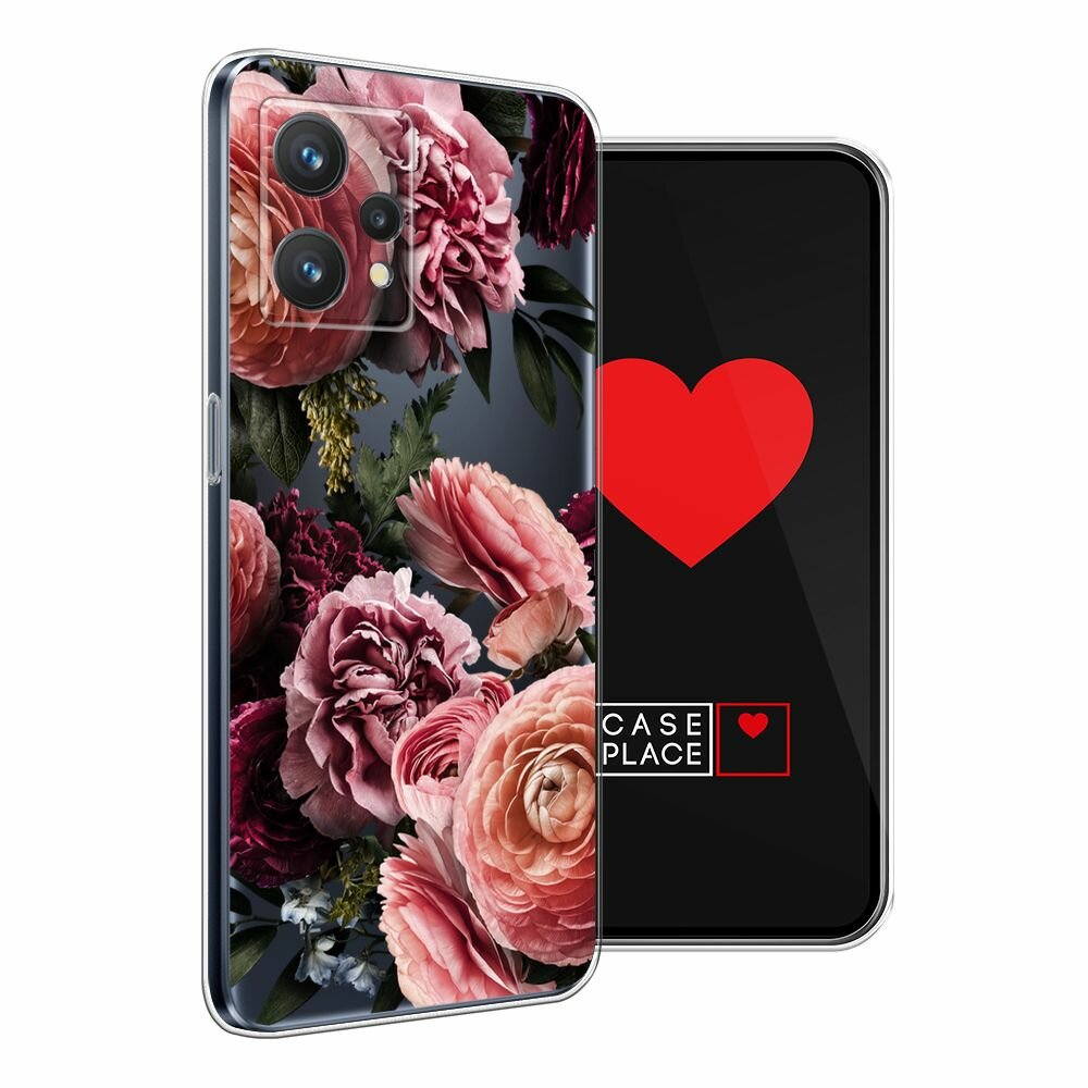 Чехол на Realme 9 4G/9 Pro Plus / Реалми 9 4G/9 Pro Plus с принтом "Бордовые винтажные цветы", прозрачный — фото 1