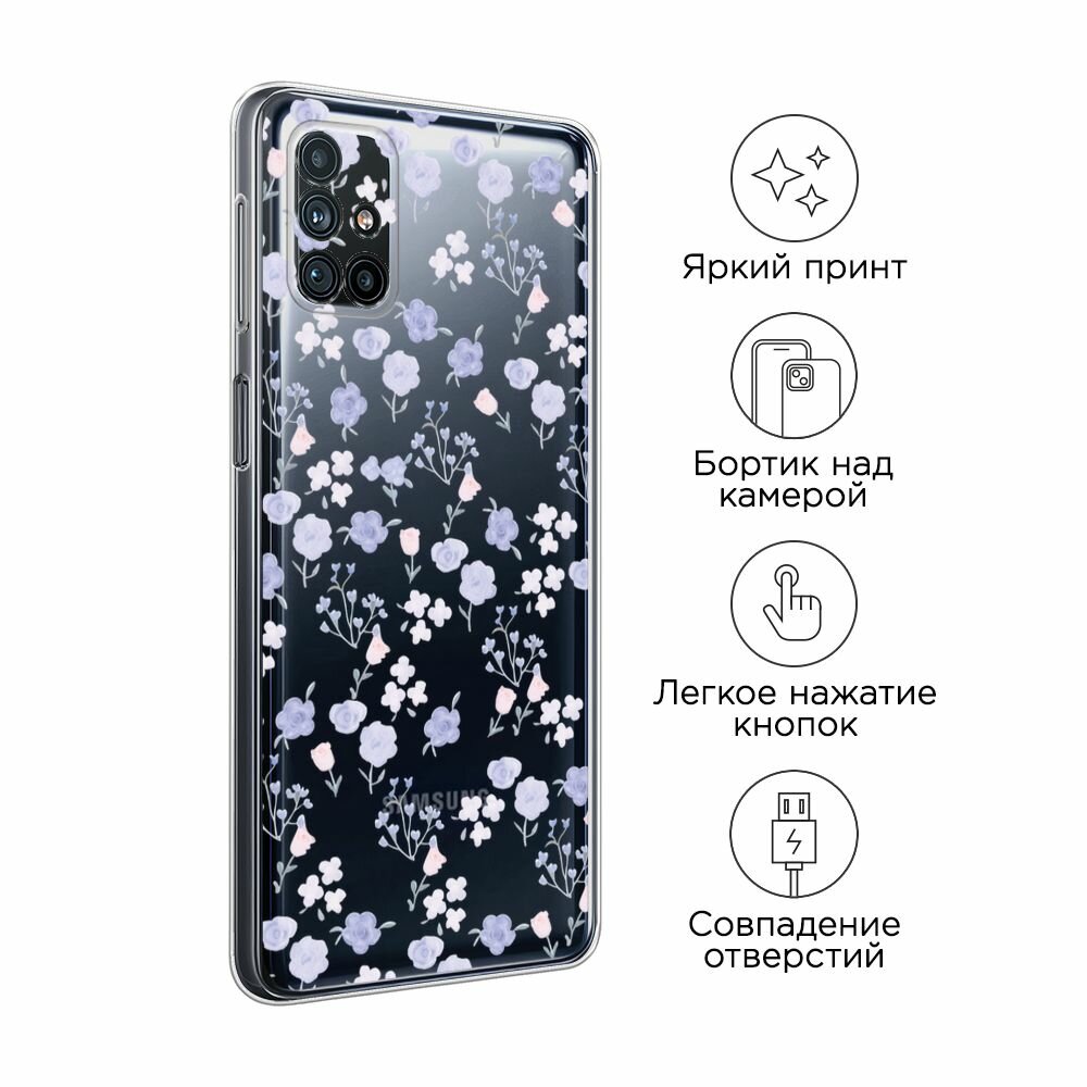 Чехол на Samsung Galaxy M31s / Самсунг Галакси M31s с принтом "Сиреневые розы паттерн", прозрачный — фото 1
