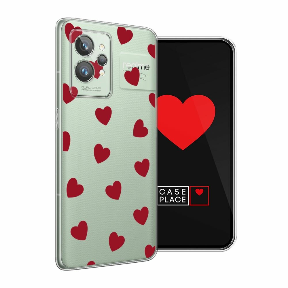Чехол на Realme GT 2 Pro / Реалми GT 2 Про с принтом "Бордовые сердечки паттерн - 14 февраля", прозрачный — фото 1