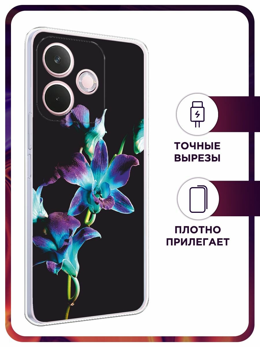 Чехол на Oppo A5 Pro / Оппо А5 Про с принтом "Синий цветок на черном" — фото 1