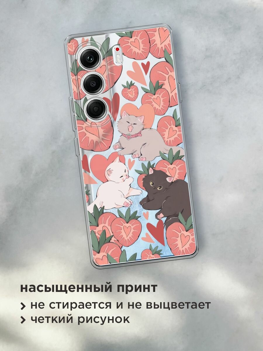 Чехол на Tecno Camon 40 Pro 5G / Текно Камон 40 Про 5G с принтом "Клубничные котики", прозрачный — фото 1