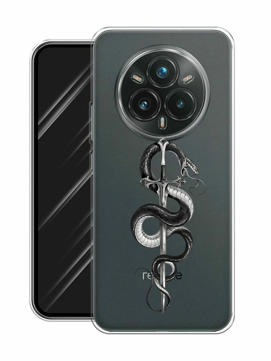 Чехол на Realme 14 Pro / Реалми 14 Про с принтом "Змея с мечом чёрная", прозрачный — фото 1
