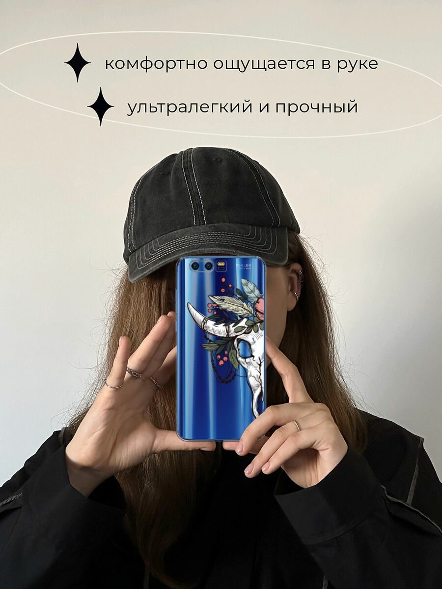 Чехол на Honor 9 / Хонор 9 с принтом "Череп быка с цветами", прозрачный — фото 1