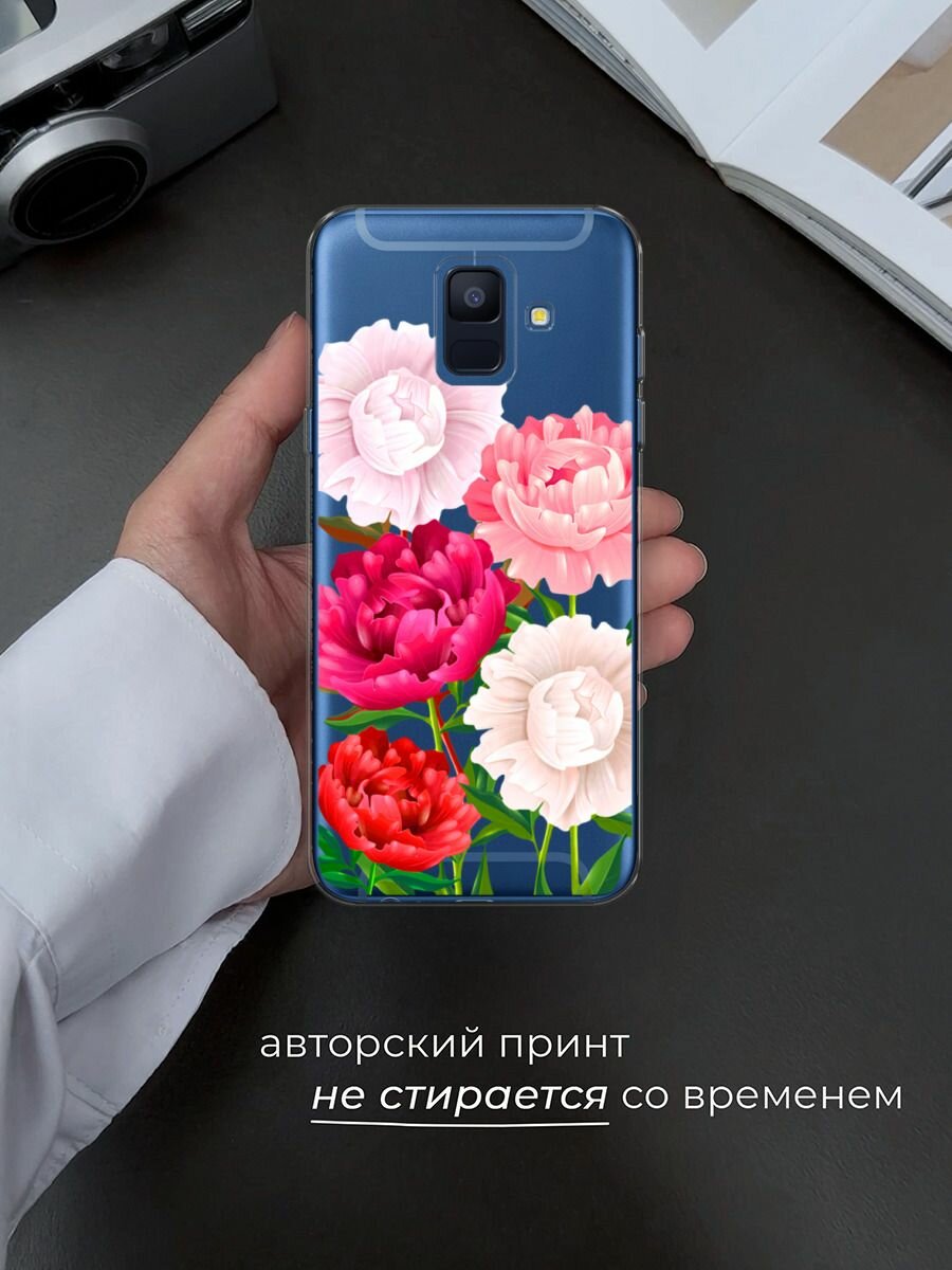 Чехол на Samsung Galaxy A6 / Самсунг Галакси А6 с принтом "Большие пионы", прозрачный — фото 1