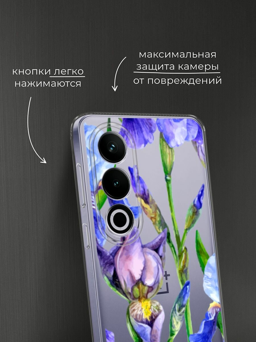 Чехол на Oneplus Ace 3V / Ван Плас Эйс 3V с принтом "Синие ирисы", прозрачный — фото 1