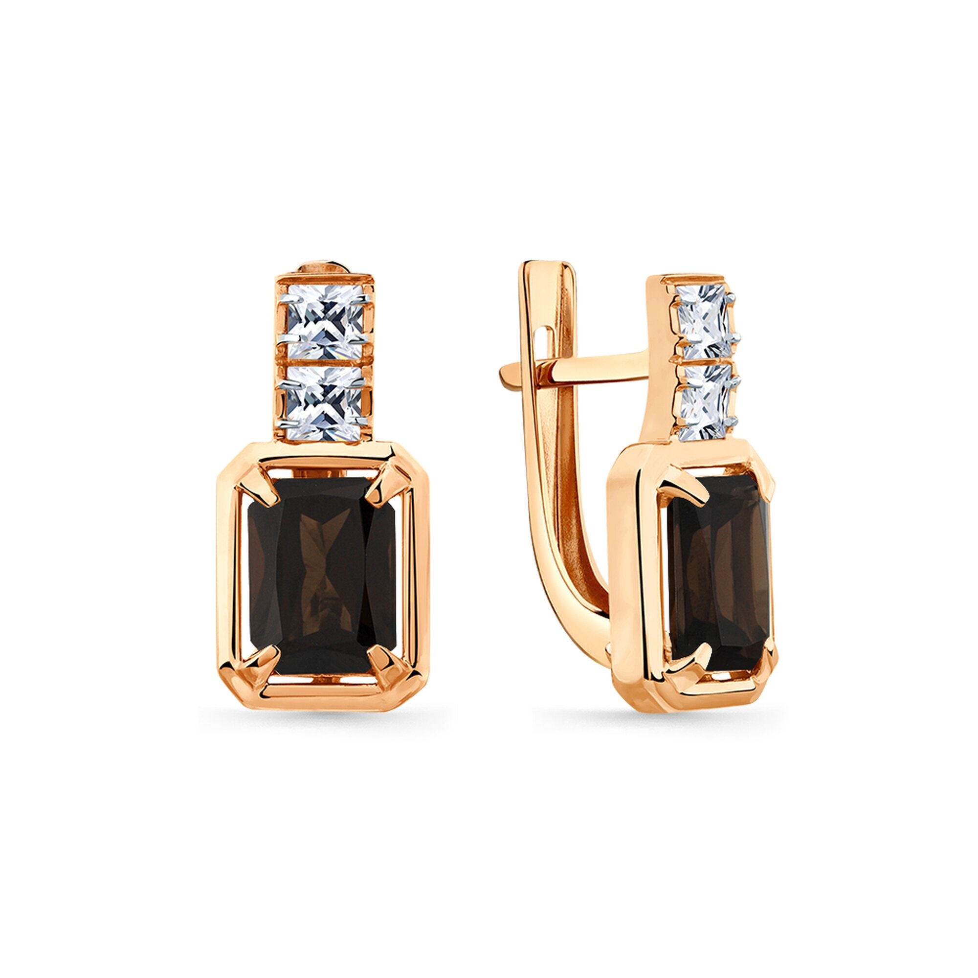 Серьги, красное золото, 585 проба, фианит, раухтопаз