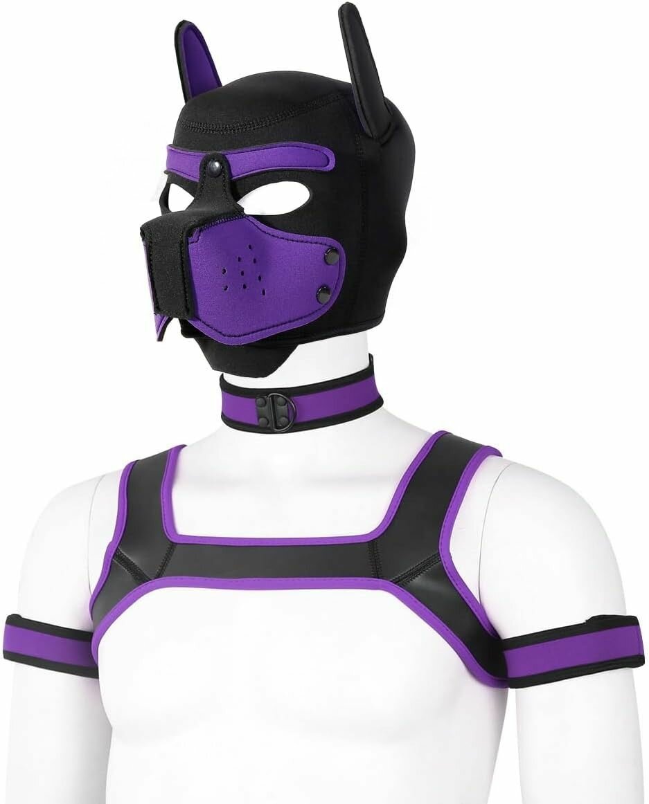 БДСМ-набор с маской на голову собаки: Маска на голову собаки + ошейник + нагрудный ремень + плечевой ремень