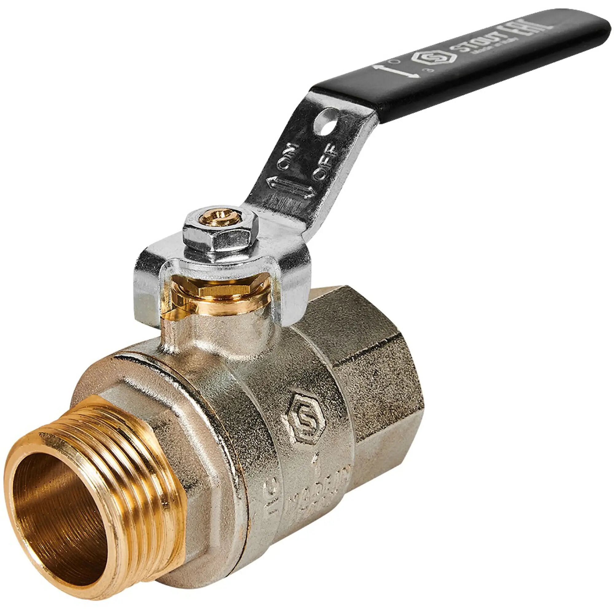 Stout кран шаровой прямой DN25 PN40 1" НР/ВР латунь ручка рычаг, с резьбовым соединением