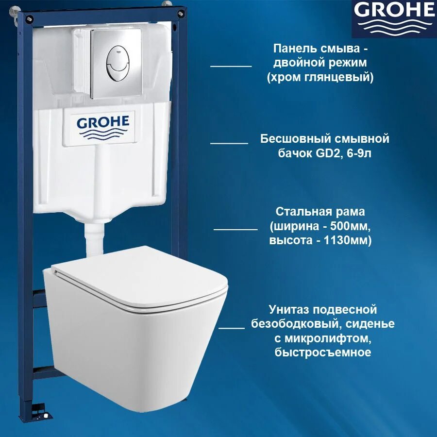 38721001T4 Комплект инсталляция GROHE 38721001 и унитаз подвесной безободковый с сиденьем микролифт