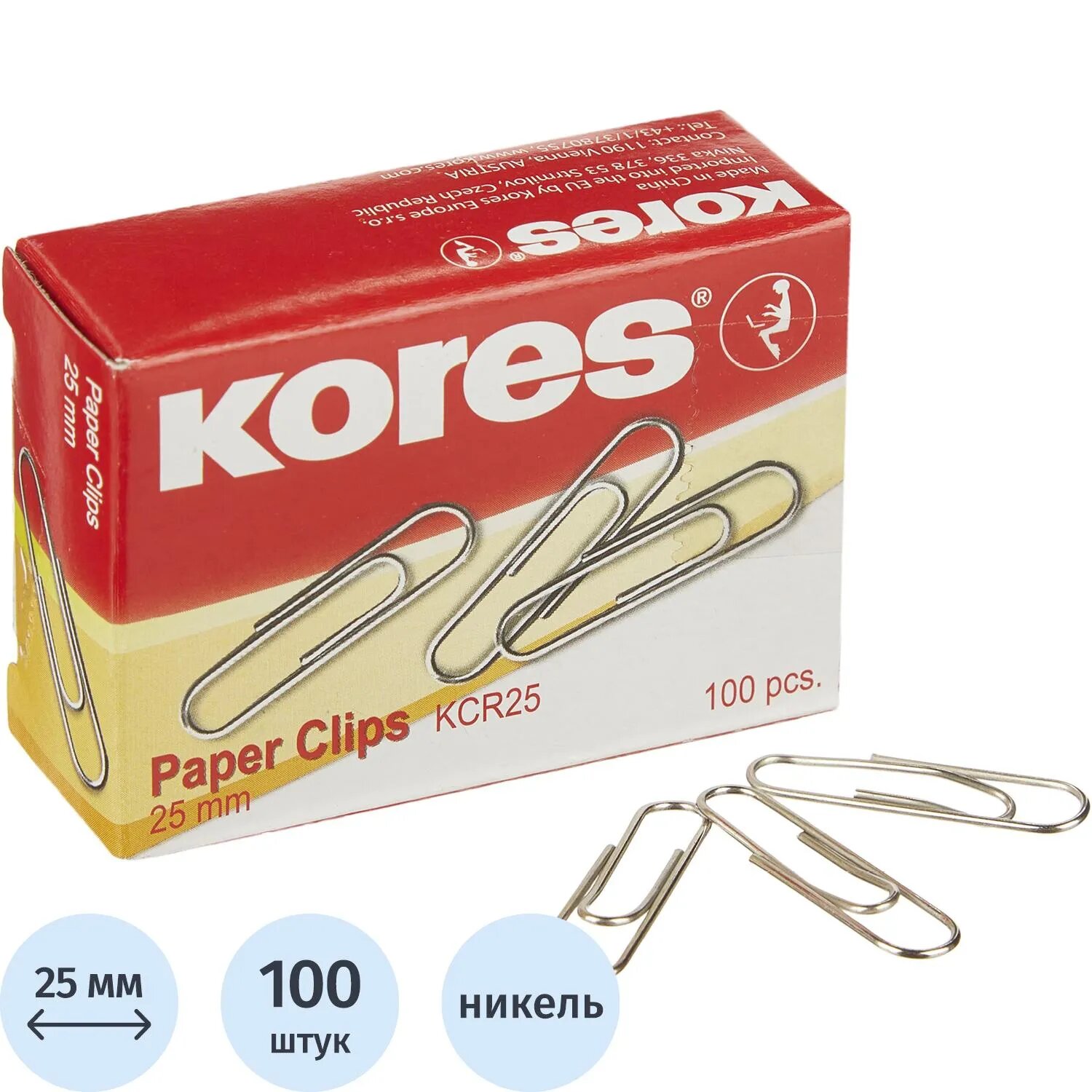Скрепки KORES с отгибом, никелированные, 25 мм, негофрированные,100шт/уп