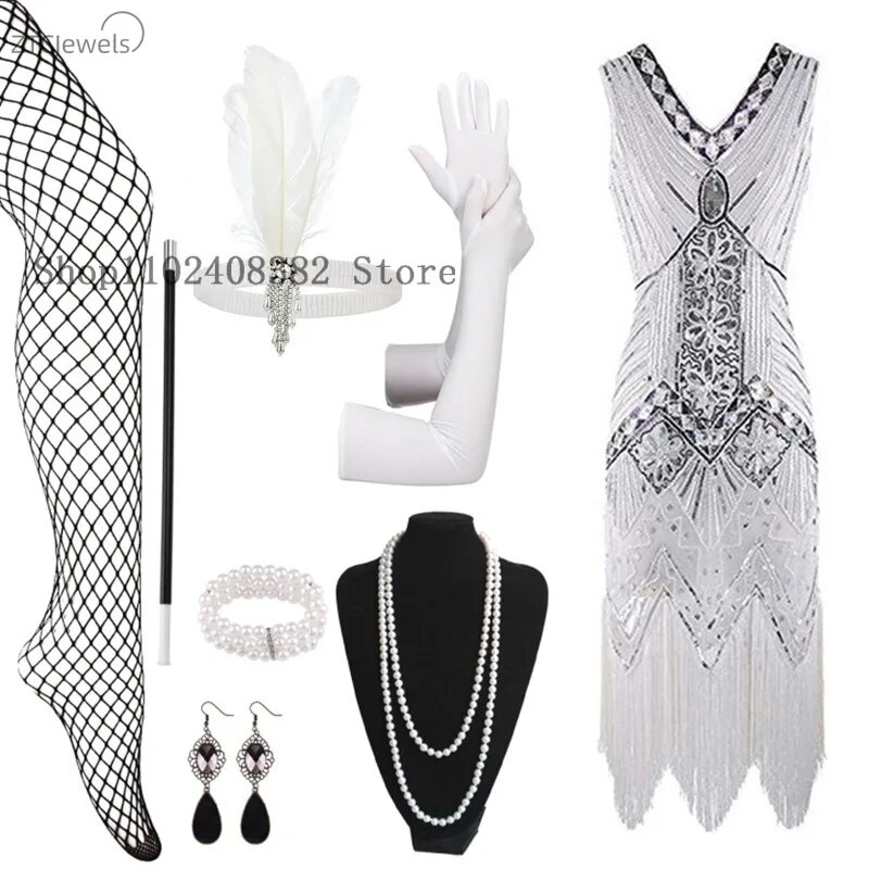 Платье-флаппер 1920-х годов, полиэстер XXXL, white dress set