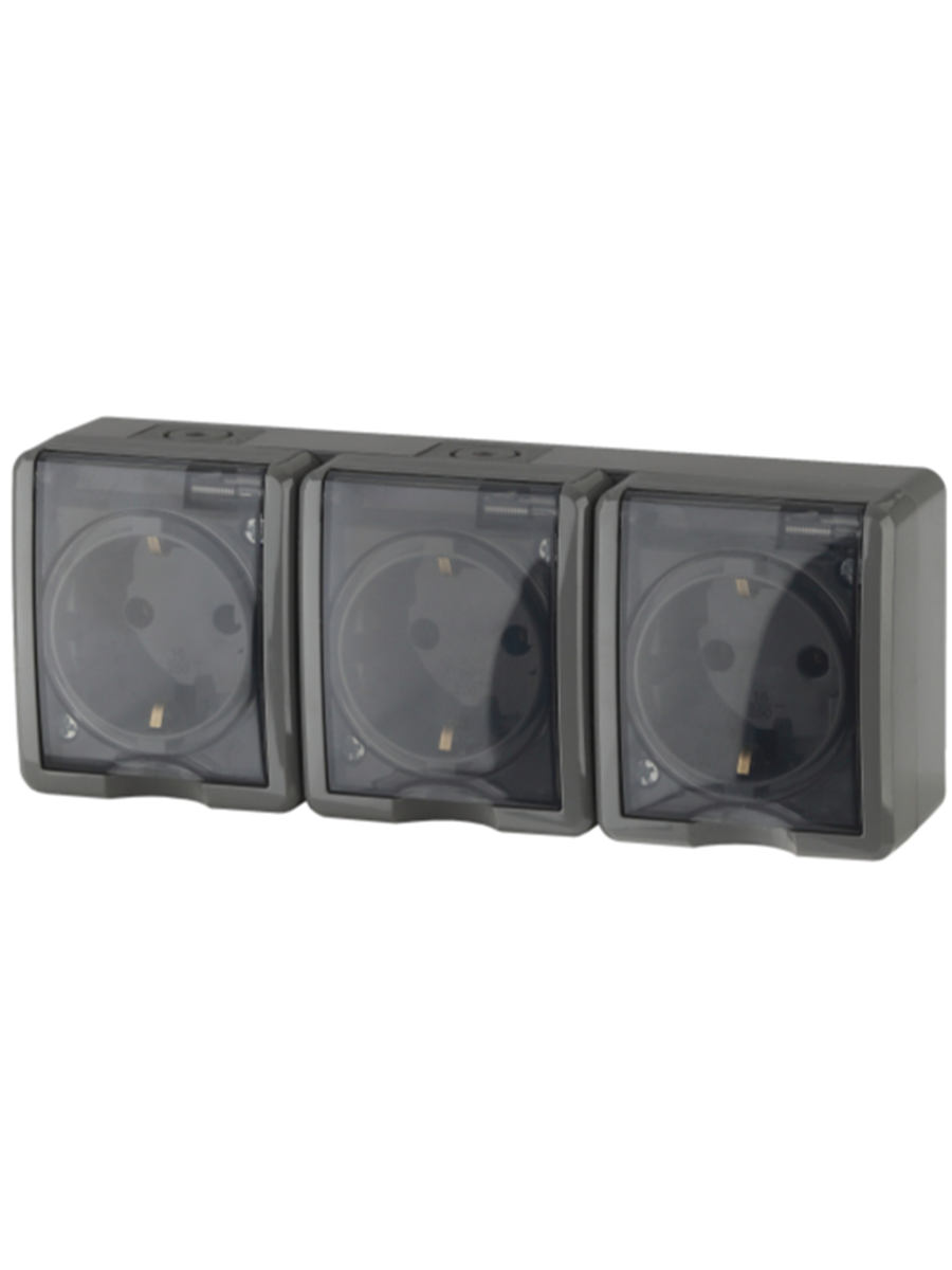Розетка ЭРА Эксперт тройная, с заземлением, защитные шторки и крышка, влагозащищенная, IP54, серая