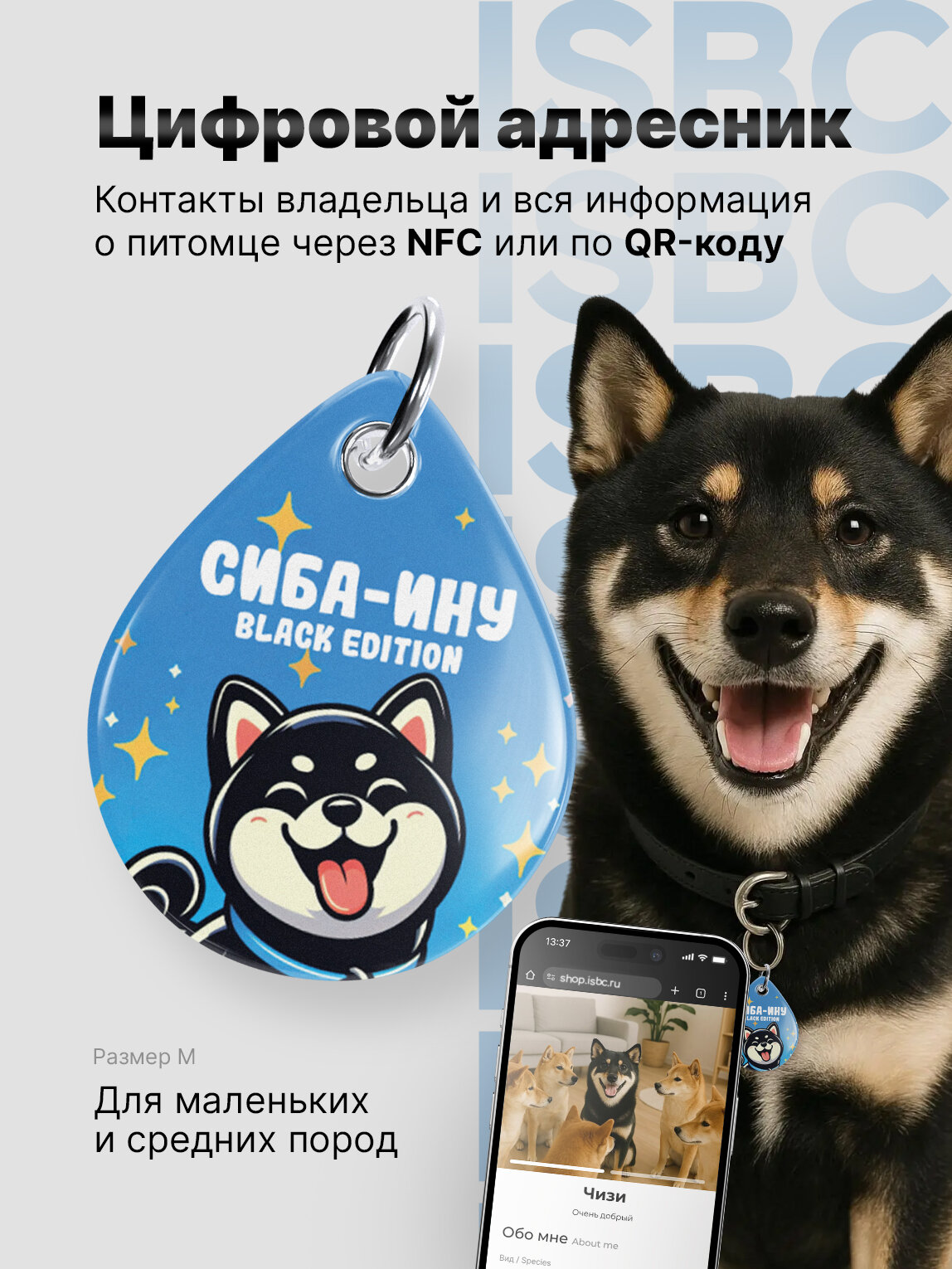 Цифровой Адресник для собак от ISBC с NFC и QR-кодом, Сиба-ину, черная