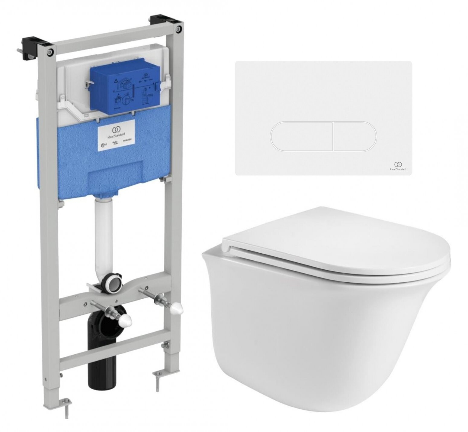 Комплект 3 в 1 инсталляция Ideal Standard + Подвесной унитаз WeltWasser Telbach 004 GL-WT + кнопка белая