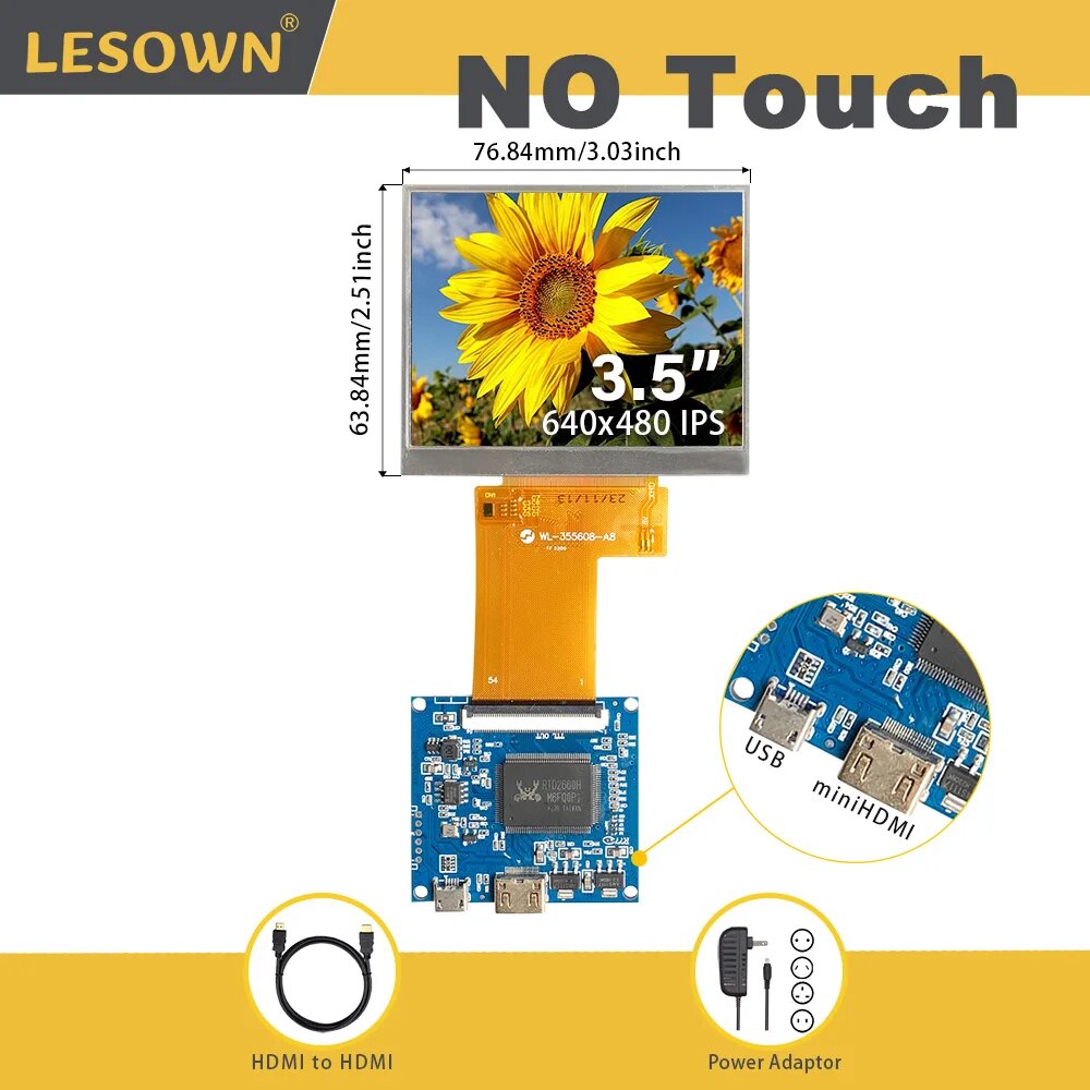 Маленький ЖК-экран LESOWN, 3,5 дюйма, 640x48 0 IPS, полный обзор, TTL, 54PIN, HDMI, USB