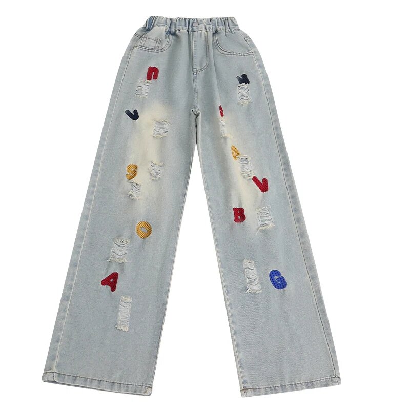Круто Модные прямые джинсы с надписями корейские брюки для девочек 5-14 лет, KLQ Размер_140