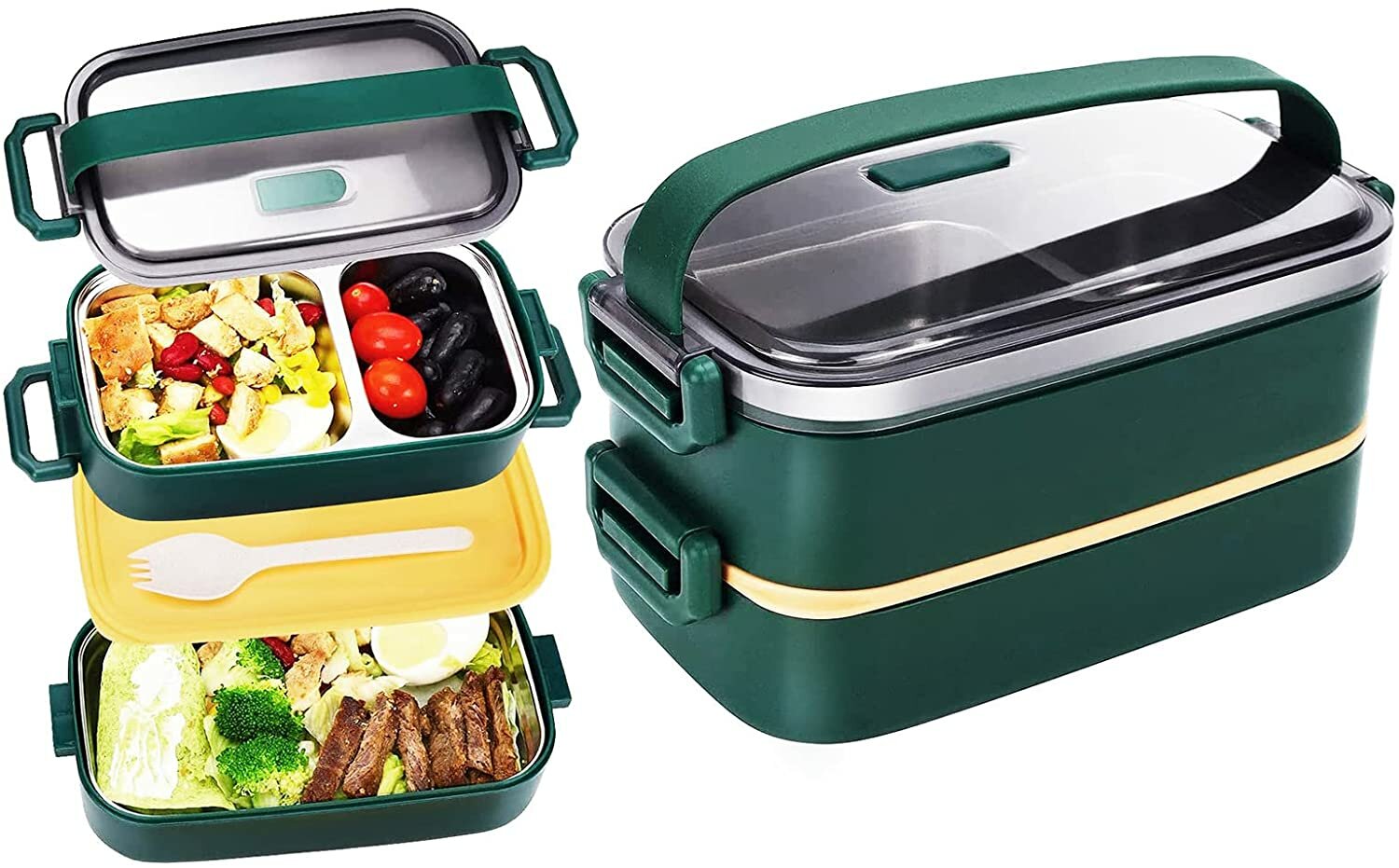 Стainless Steel Bento Box для взрослых и детей, японский лакпрооф lunch box, разделенные контейнеры для еды, набор стопочных 2 слоя для детей, школа, пикник, зеленый