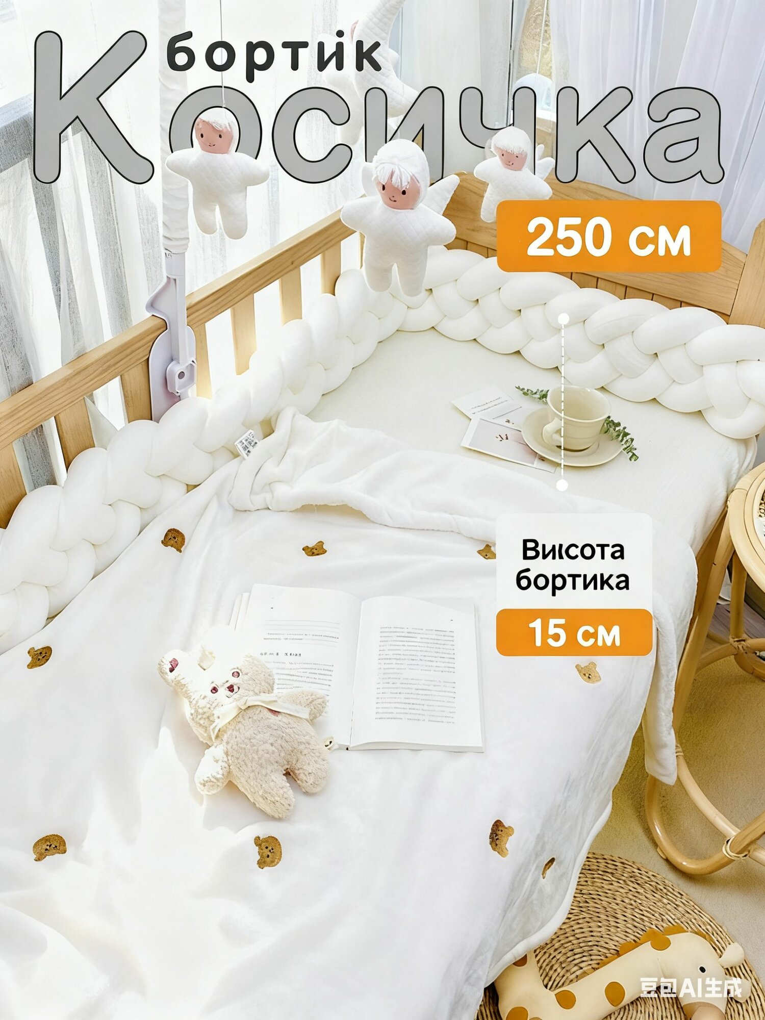 Детский бампер для кровати "INS Косы", 4-х strand плетение, мягкий, защитный, для новорожденных, в скандинавском стиле