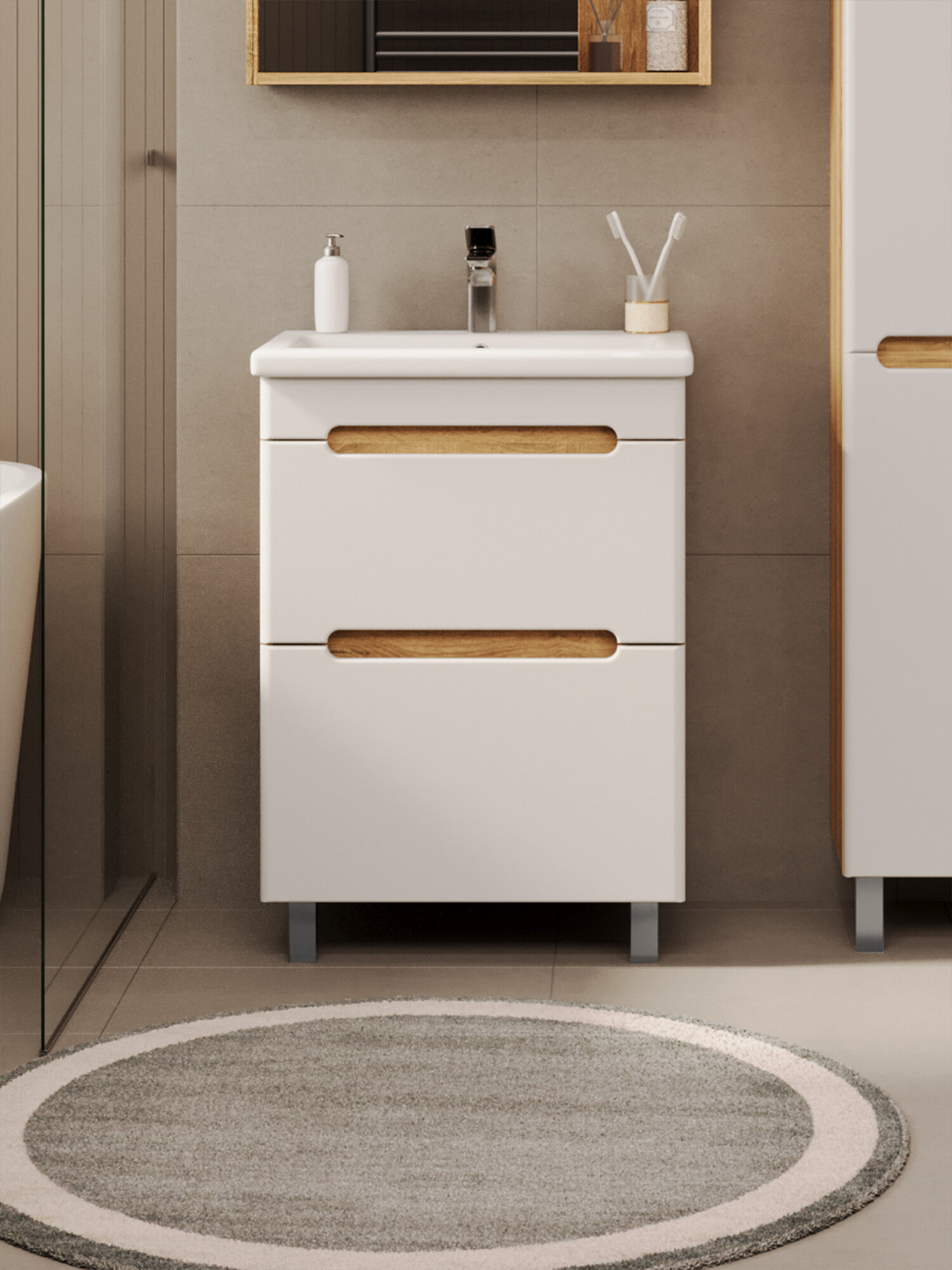 Тумба напольная Vannika Canto 50 без раковины для ванной комнаты, белая, дуб вотан