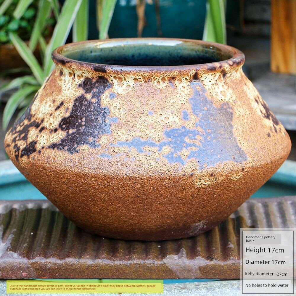 Керамический вазон в стиле ваби-саби с широким горлом, из грубой дышащей керамики, большой, для суккулентов,