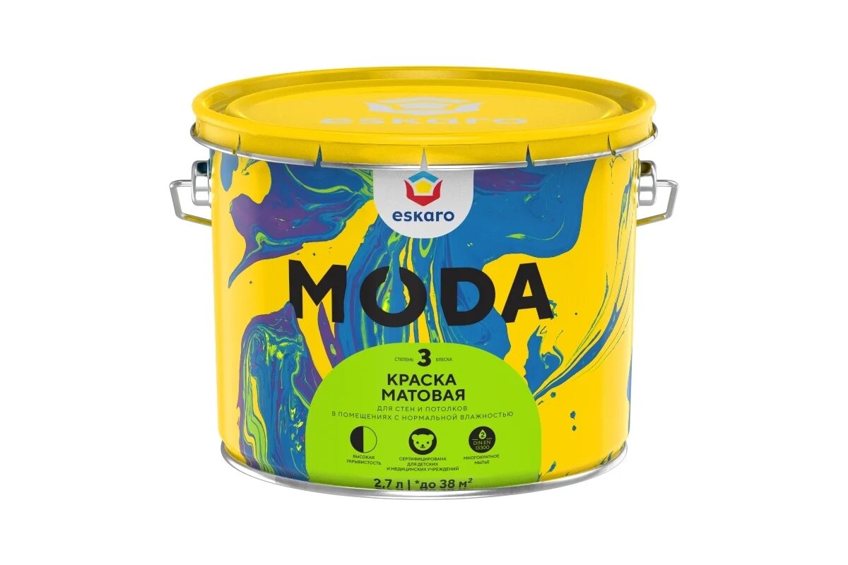 Краска ESKARO Moda 3 для стен и потолков моющаяся матовая База TR (бесцветная) 2,7л