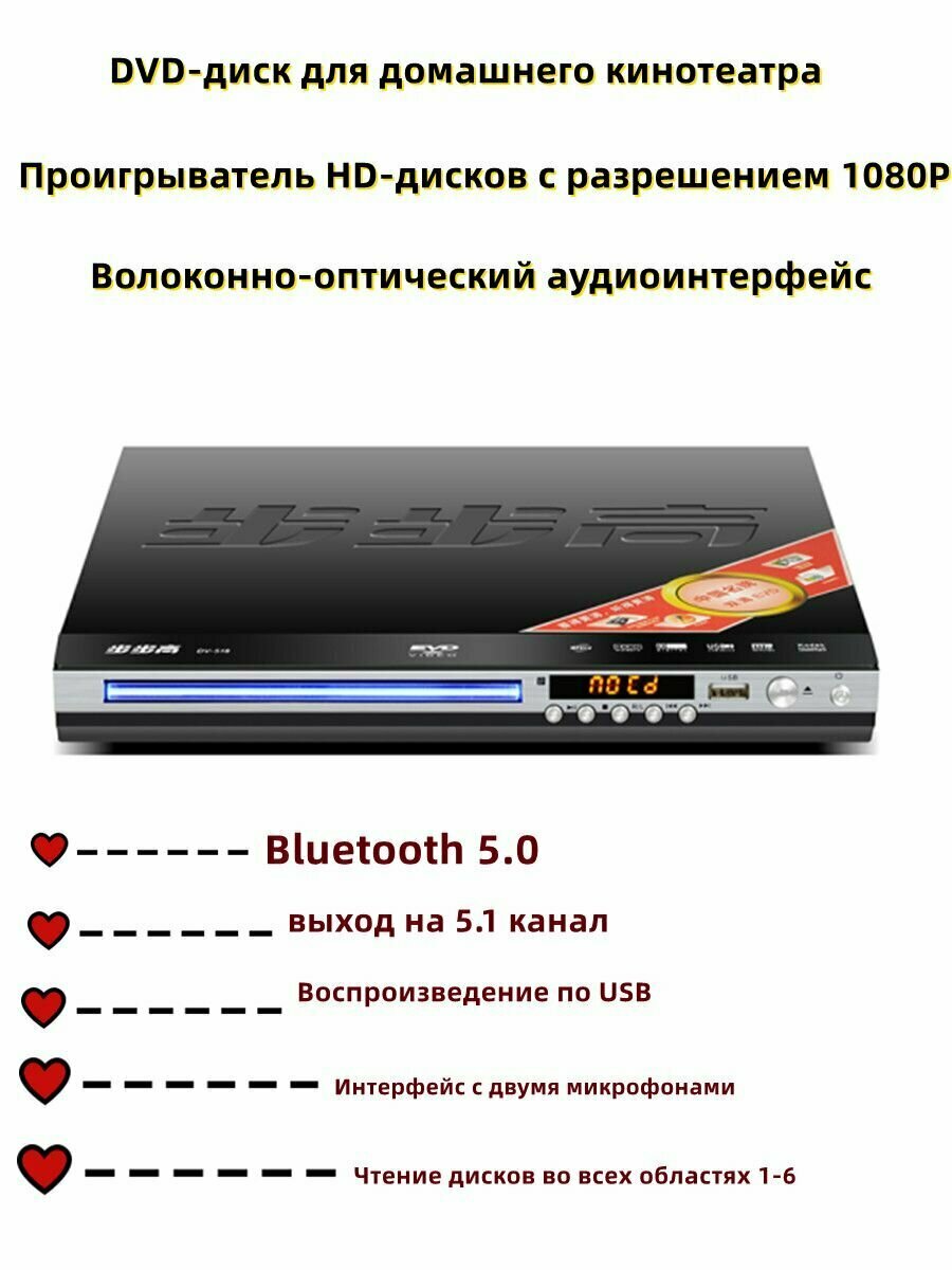 Двд плеер, Видеоплеер для телевизора и компьютера, качество изображения 1080P, черный и серебристый