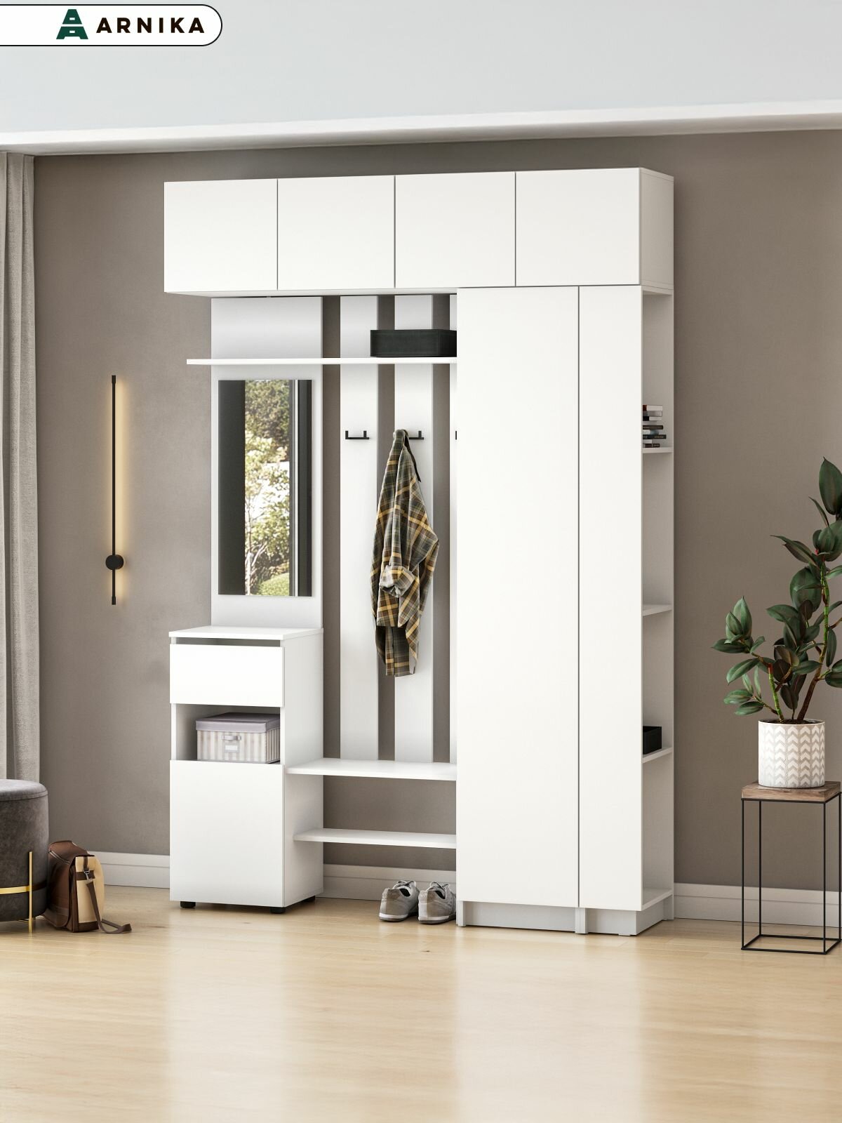 ARNIKA Прихожая Бали, вешалка с зеркалом с антресолью 1,6м, белый