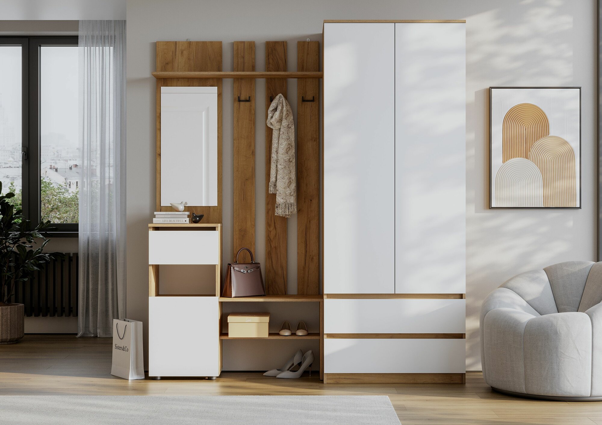 ARNIKA Прихожая Бали, вешалка с зеркалом 1,8м, Дуб золотой; Белый