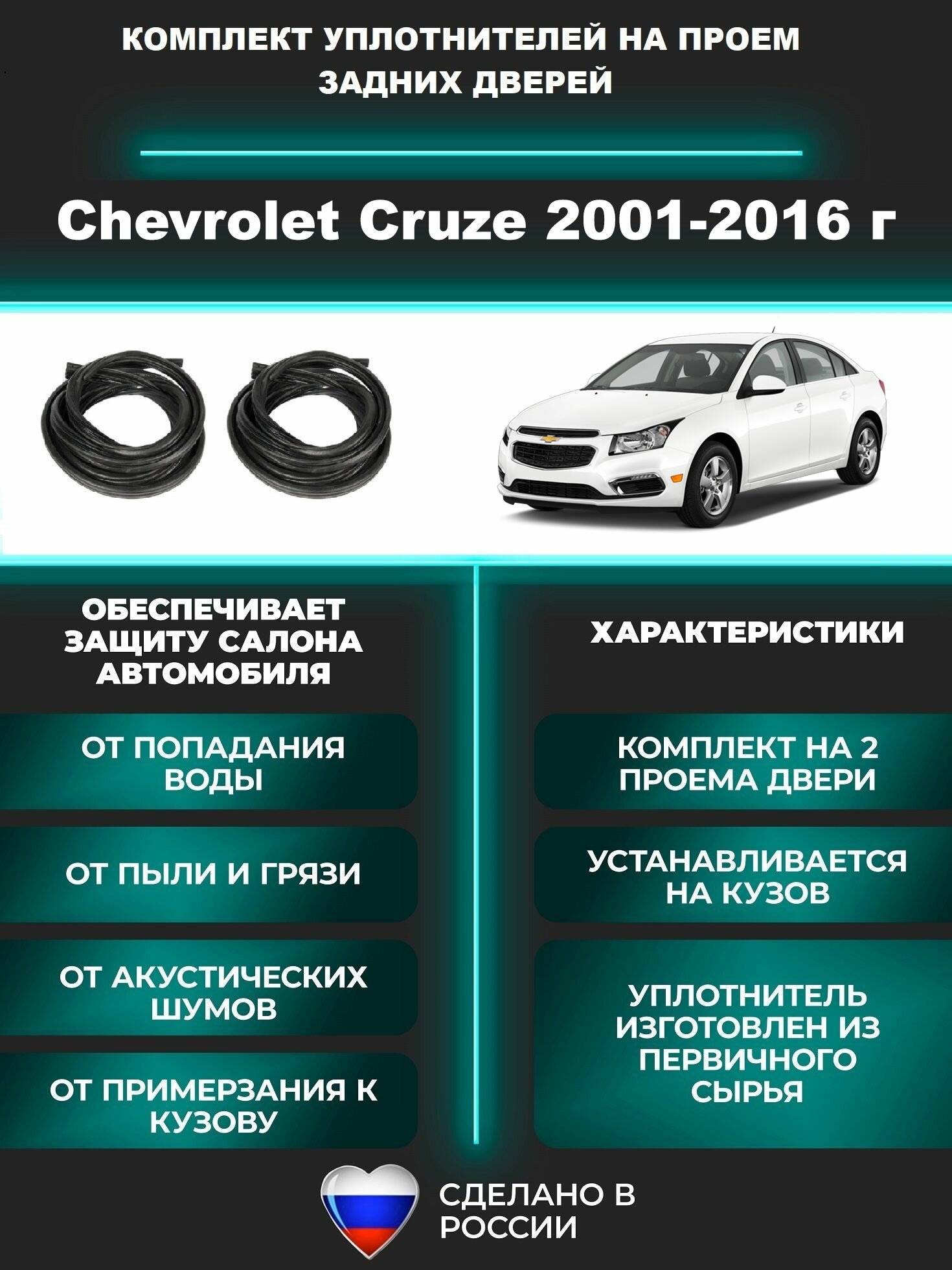 Комплект уплотнителей проема задних дверей подходят на Chevrolet Cruze 2001-2016 г, Шевроле Круз - 2 шт.
