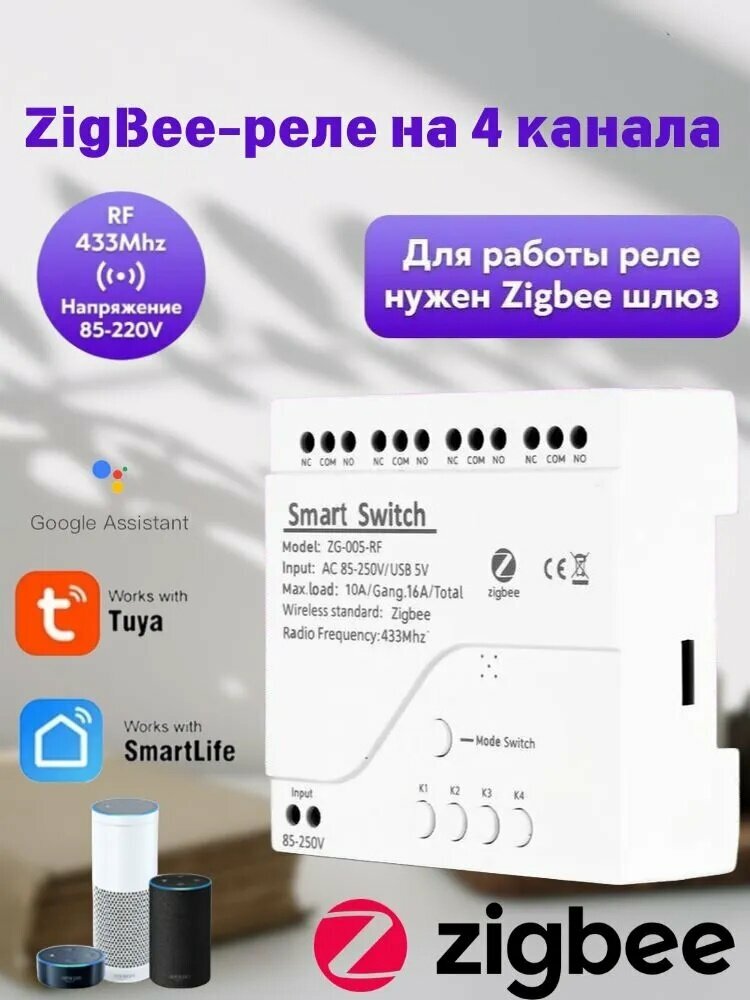 Zigbee 3.0 Реле 4-канальное Tuya, WiFi, AC85-250V , RF 433.92 МГц, совместимость с Amazon Alexa и Google Home