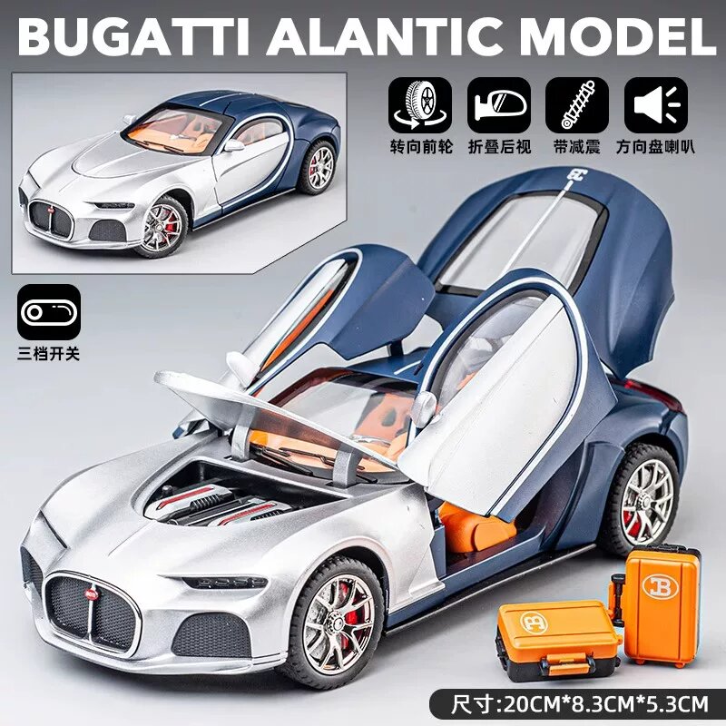 Модель автомобиля Buggati Atlantic 1:24 из сплава, серебристо-голубой цвет - коллекционная игрушка для мальчиков и